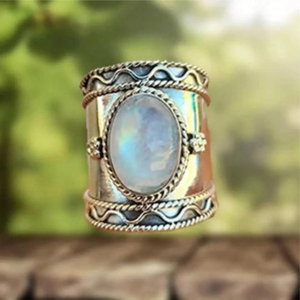Bohemian Moonstone Ring with Wide Band – Evelyn Jewellery