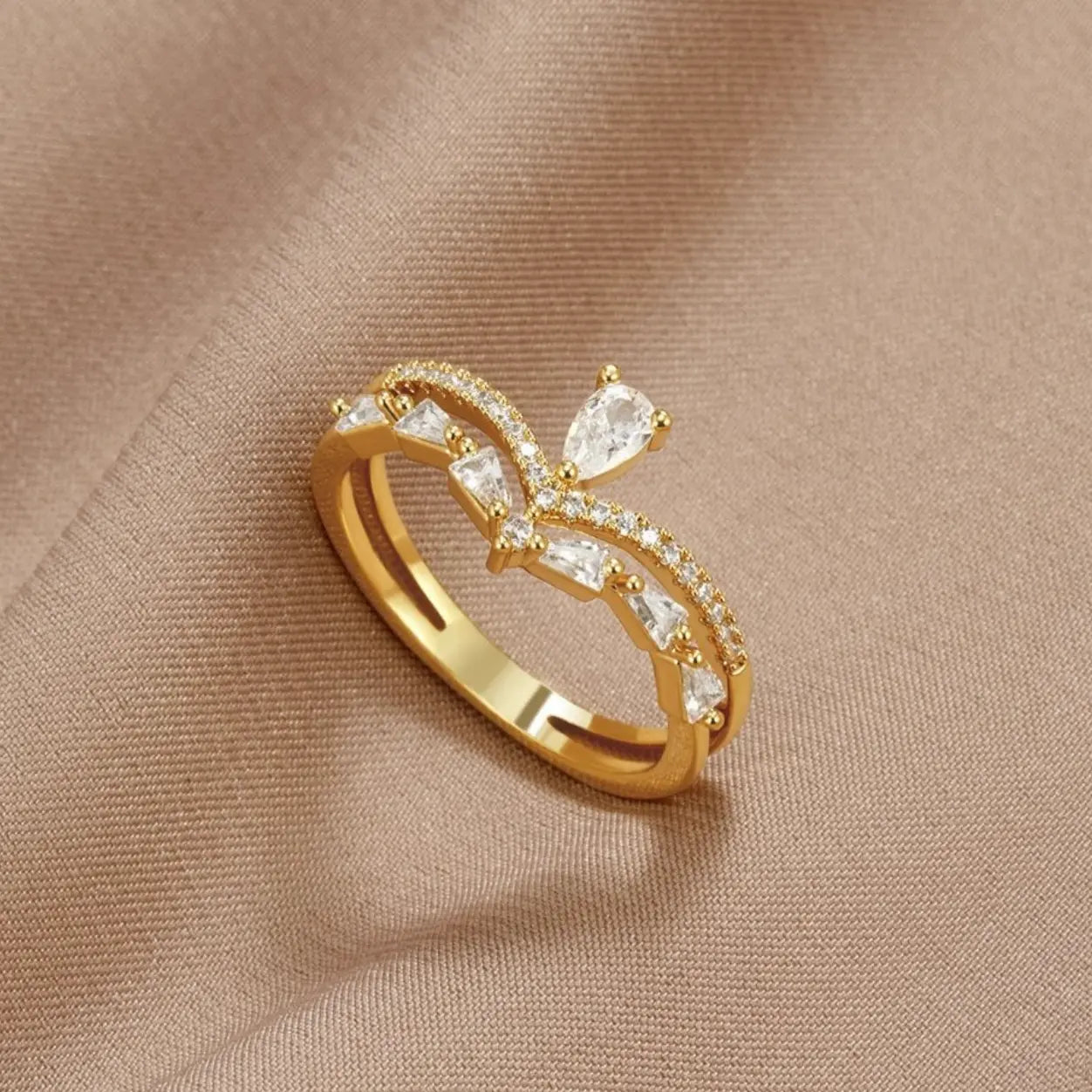 Double Ring with Zirconia in Gold – Evelyn Jewellery